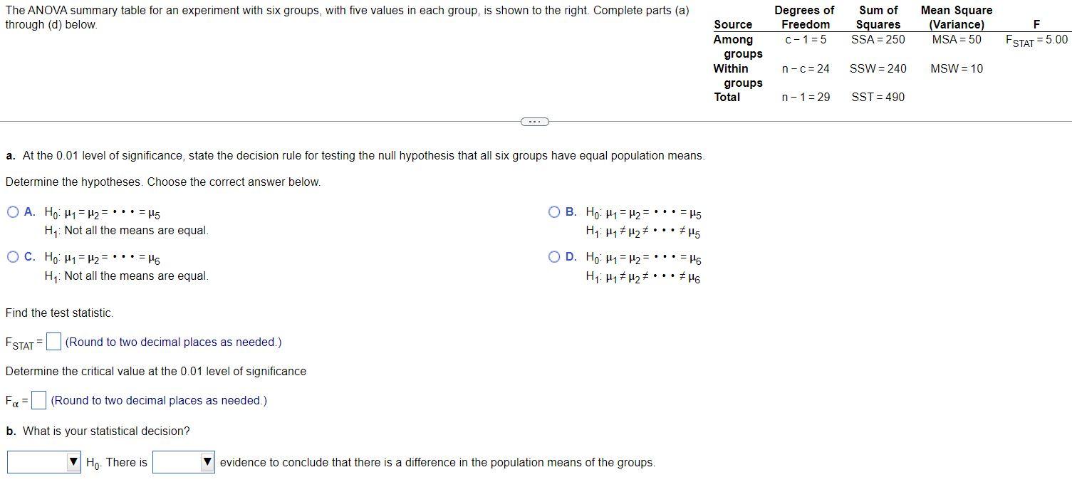 Solved The ANOVA summary table for an experiment with six | Chegg.com