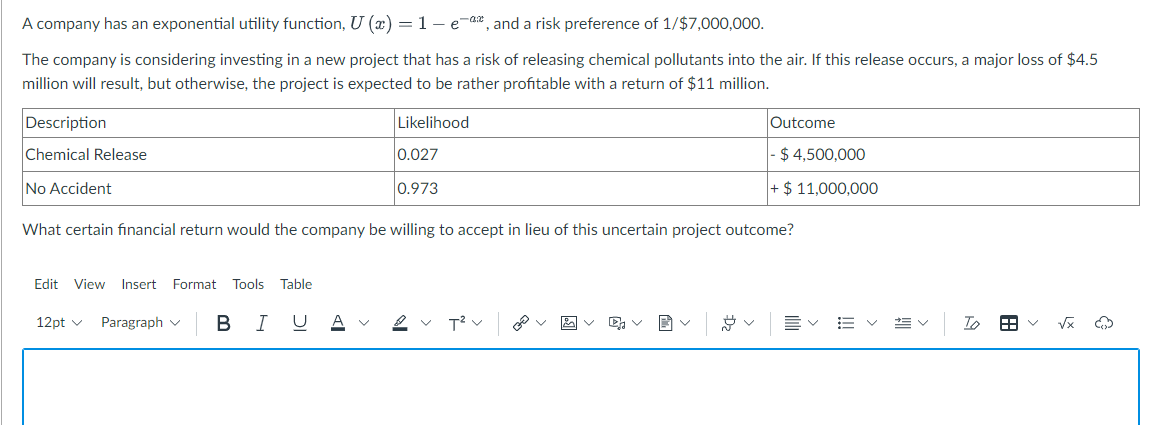Solved A company has an exponential utility function, | Chegg.com