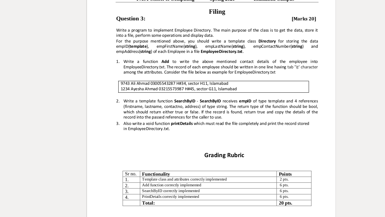 Solved Filing Question 3: [Marks 20] Write a program to | Chegg.com