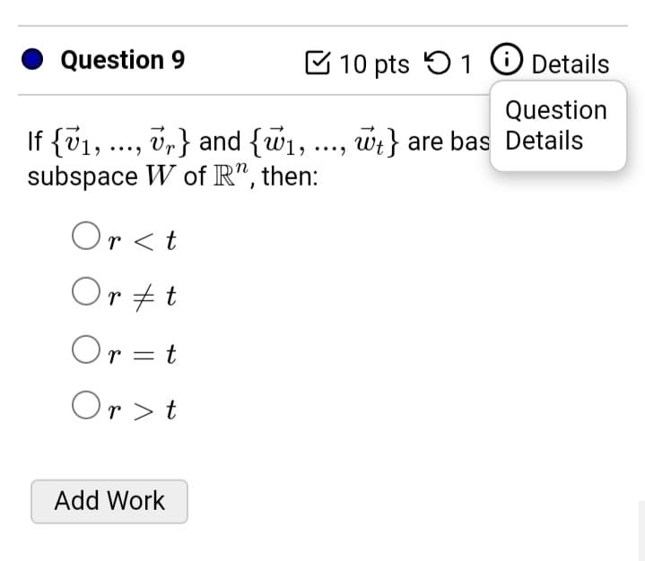 Solved If {v1,…,vr} and {w1,…,wt} are bas subspace W of Rn, | Chegg.com