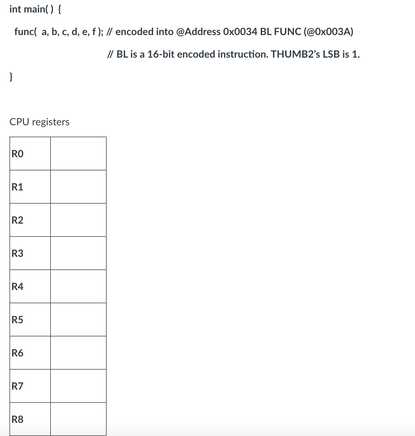 Solved int main() \{ func( a, b, c, d, e, f); // encoded | Chegg.com