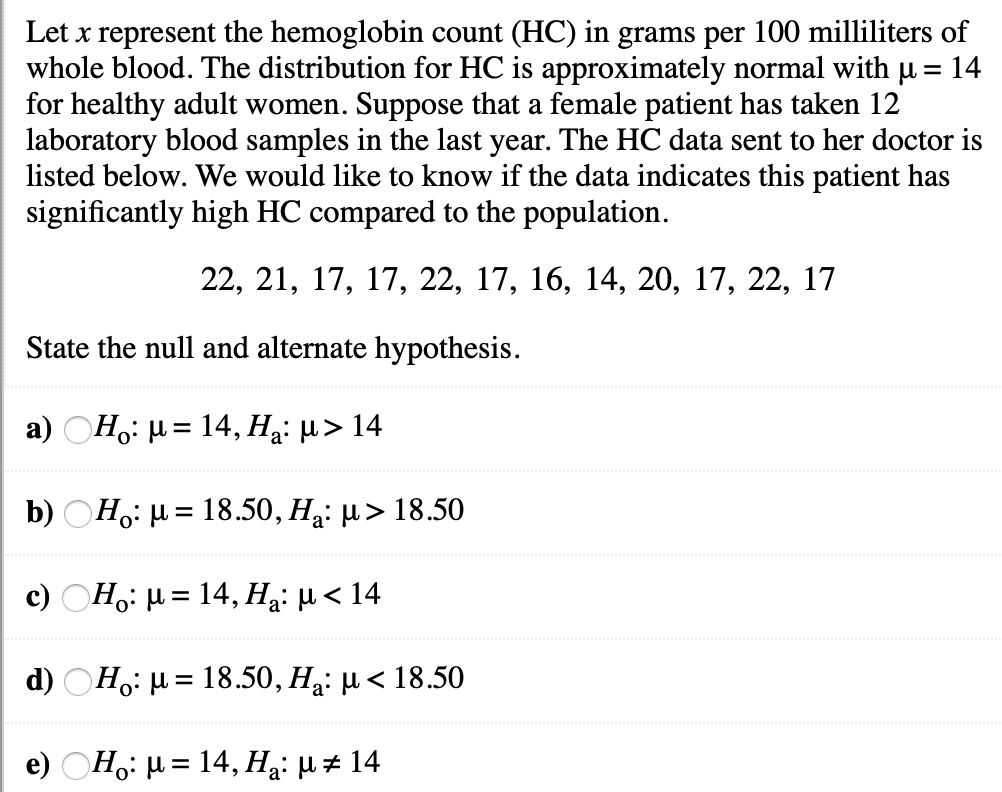 Solved Let x represent the hemoglobin count (HC) in grams | Chegg.com Solved Let x represent the hemoglobin count (HC) in grams | Chegg.com