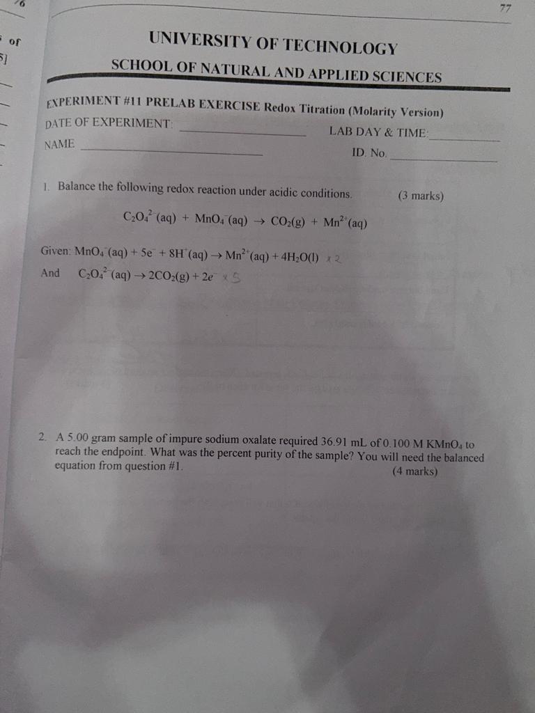 Solved EXPERIMENT \#11 PRELAB EXERCISE Redox Titration | Chegg.com