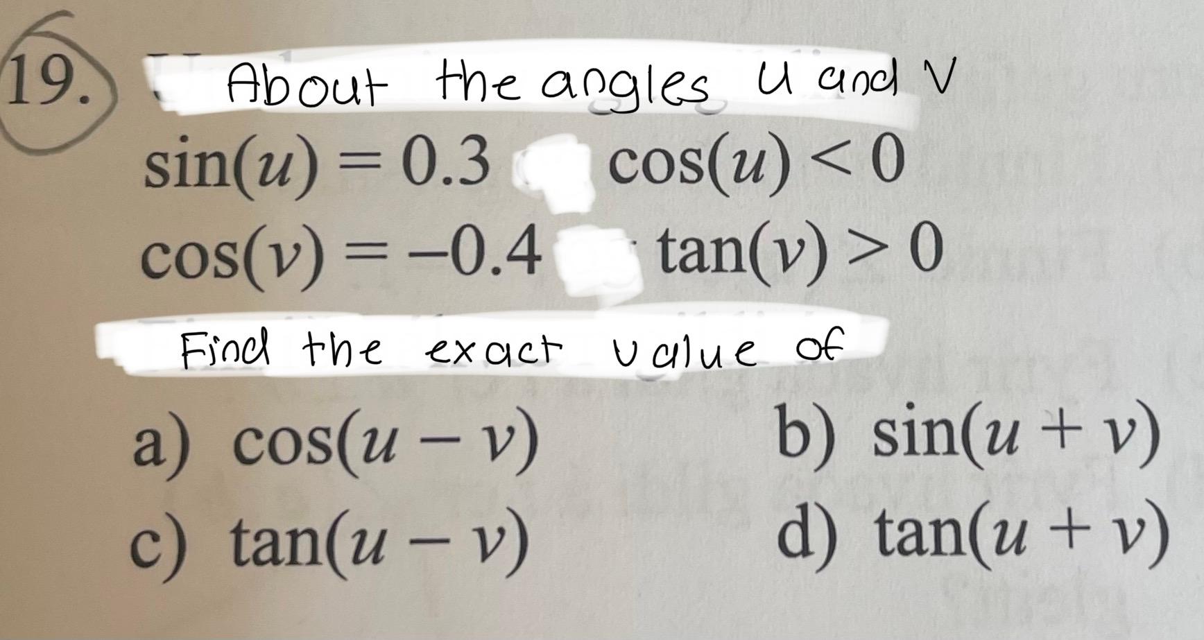 Solved About the angles U and V | Chegg.com