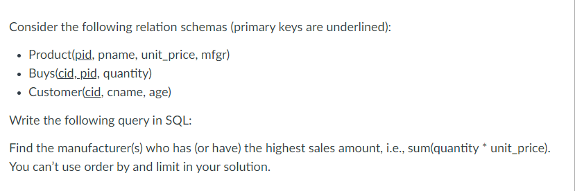 Solved Consider the following relation schemas (primary keys | Chegg.com