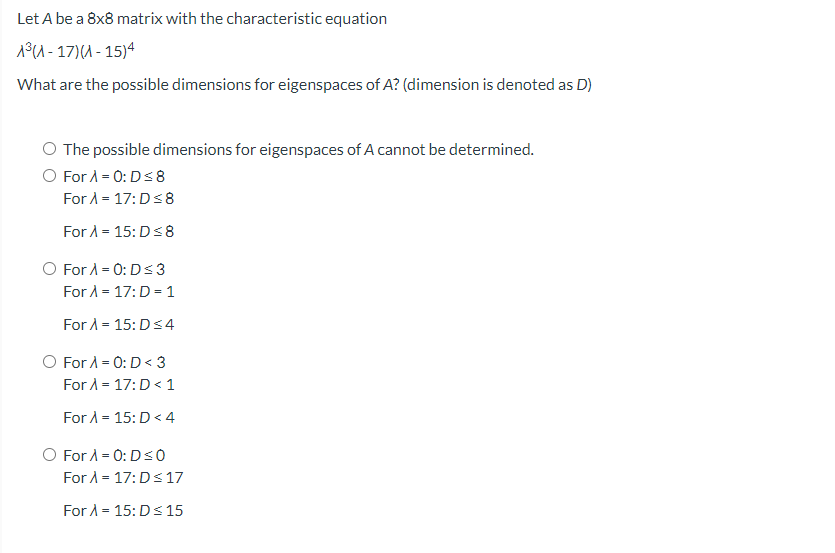 Solved Let A be a 8x8 matrix with the characteristic | Chegg.com