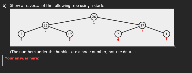Solved b) Show a traversal of the following tree using a | Chegg.com