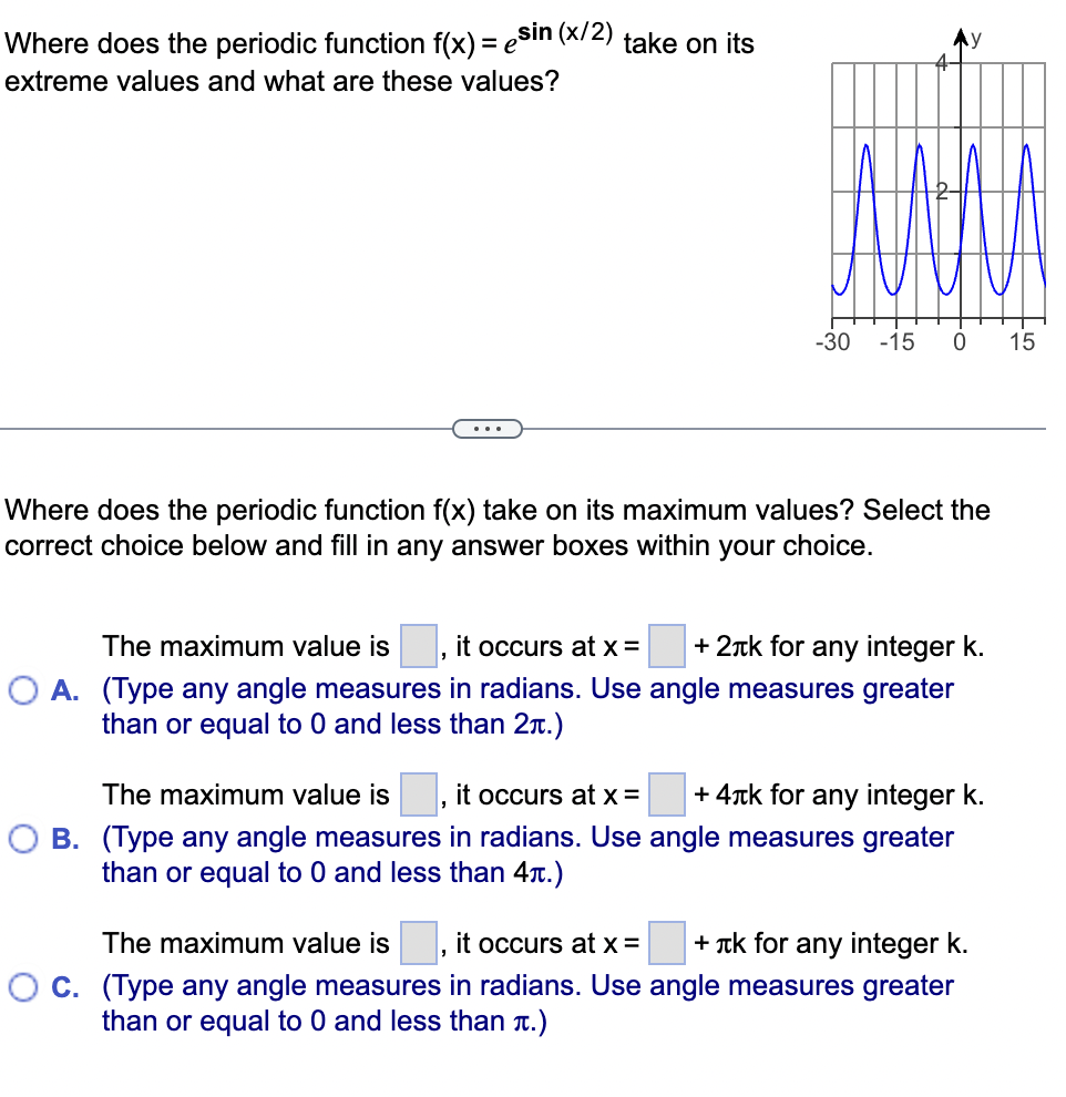 Solved Where does the periodic function f(x)=esin(x2) ﻿take | Chegg.com