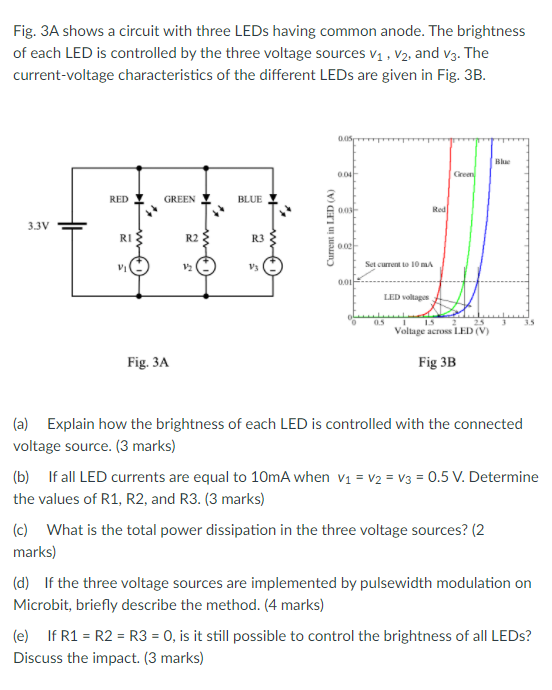 Solved Fig. 3A shows a circuit with three LEDs having common | Chegg.com