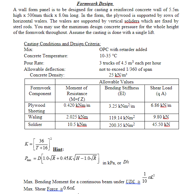 Solved Formwork Design A wall form panel is to be designed | Chegg.com