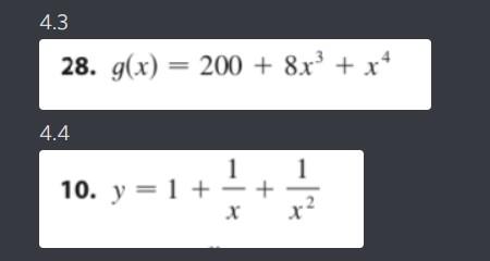 Solved 4.3 28. g(x) = 200 + 8x3 + x* 4.4 1 1 10. y = 1 + - + | Chegg.com