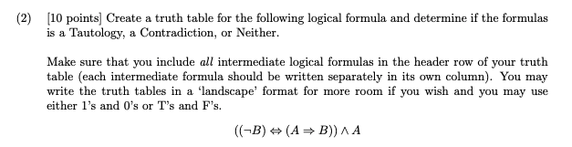 Solved (2) [10 points) Create a truth table for the | Chegg.com