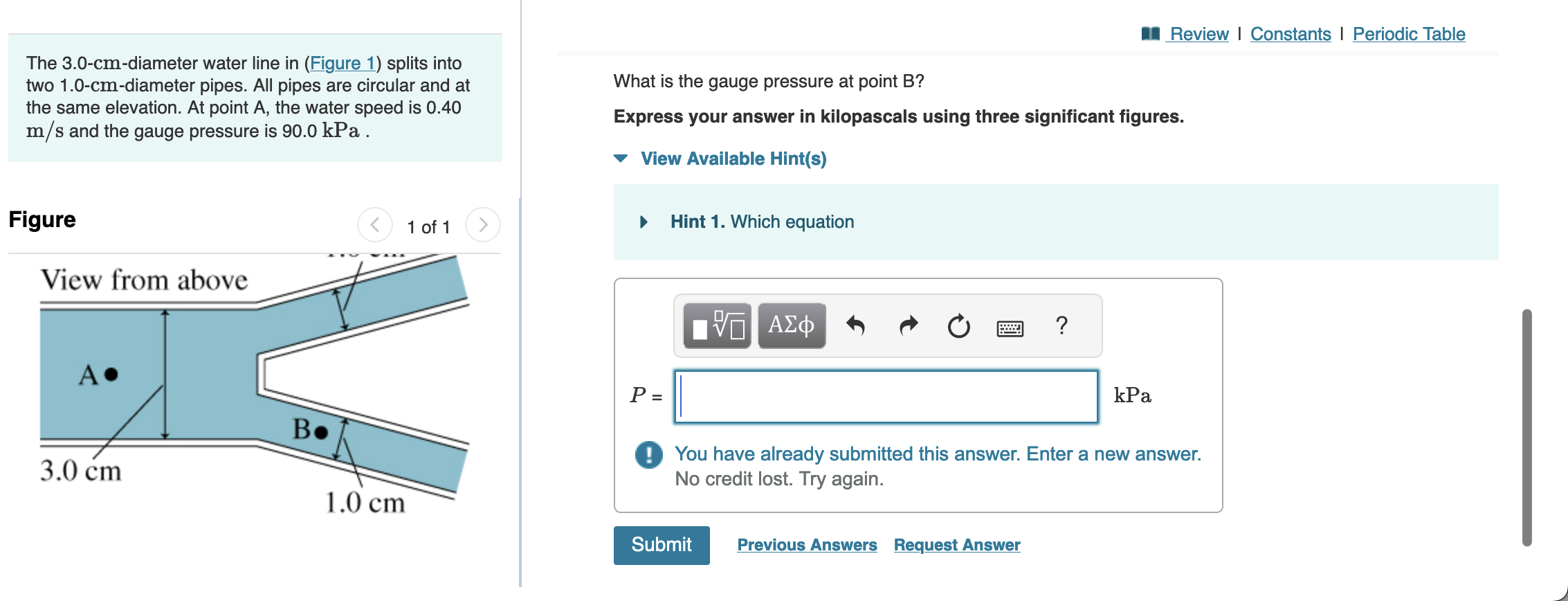Solved The 3.0-cm-diameter water line in (Figure 1) splits | Chegg.com