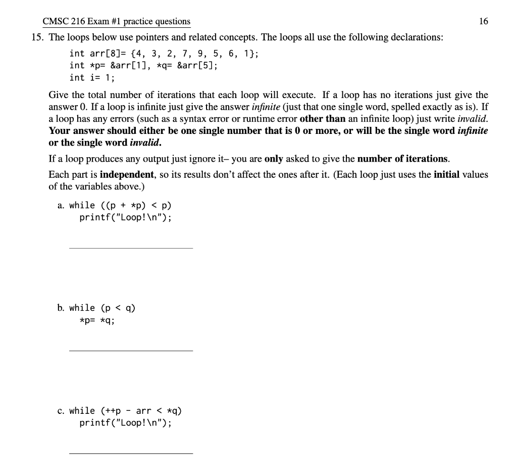 Solved CMSC 216 Exam \#1 practice questions 16 5. The loops | Chegg.com