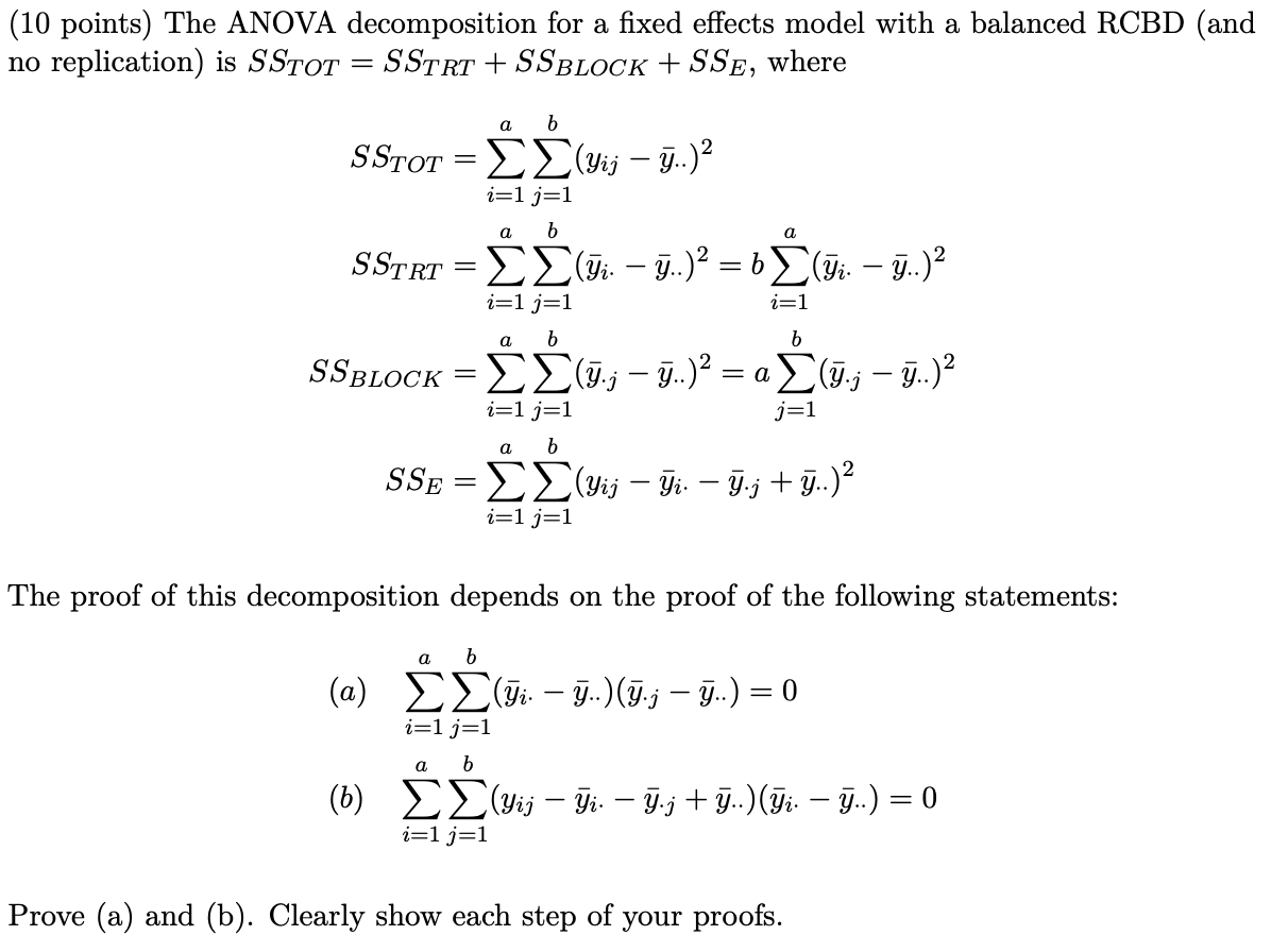 Solved (10 points) The ANOVA decomposition for a fixed | Chegg.com
