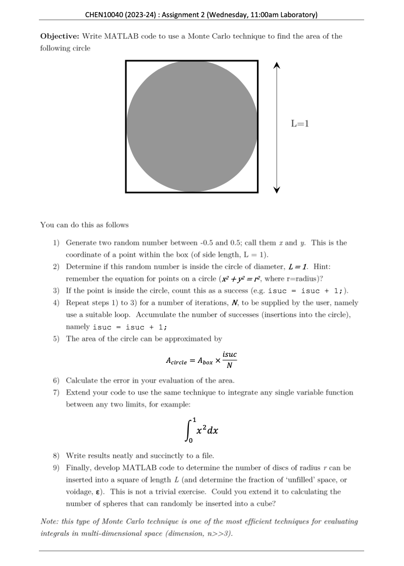 Solved Objective: Write MATLAB code to use a Monte Carlo | Chegg.com