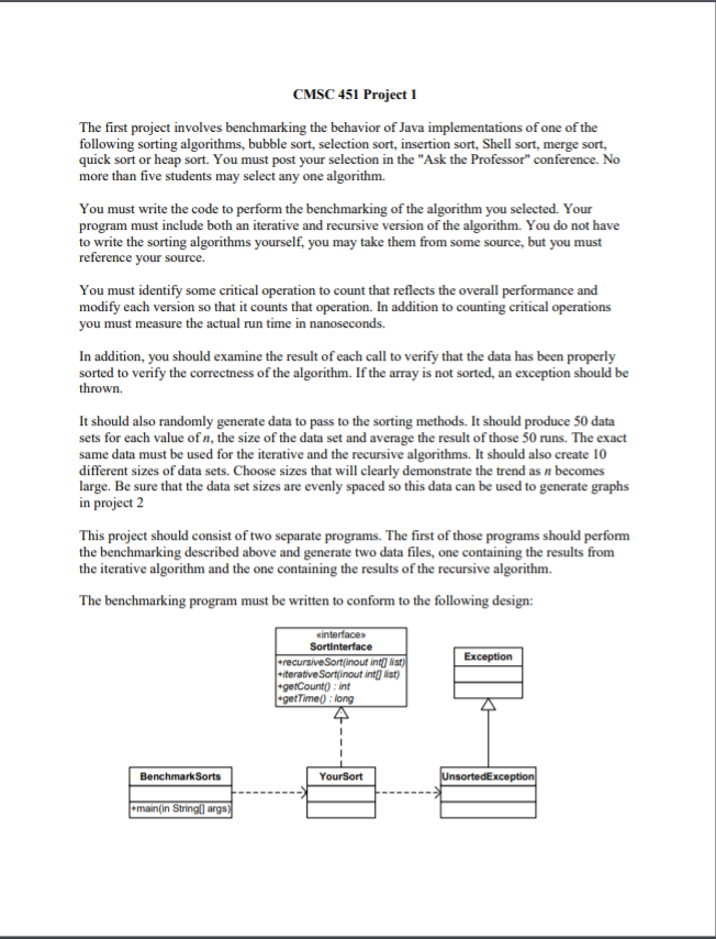 Solved CMSC 451 Project 1 JAVA The first project involves | Chegg.com