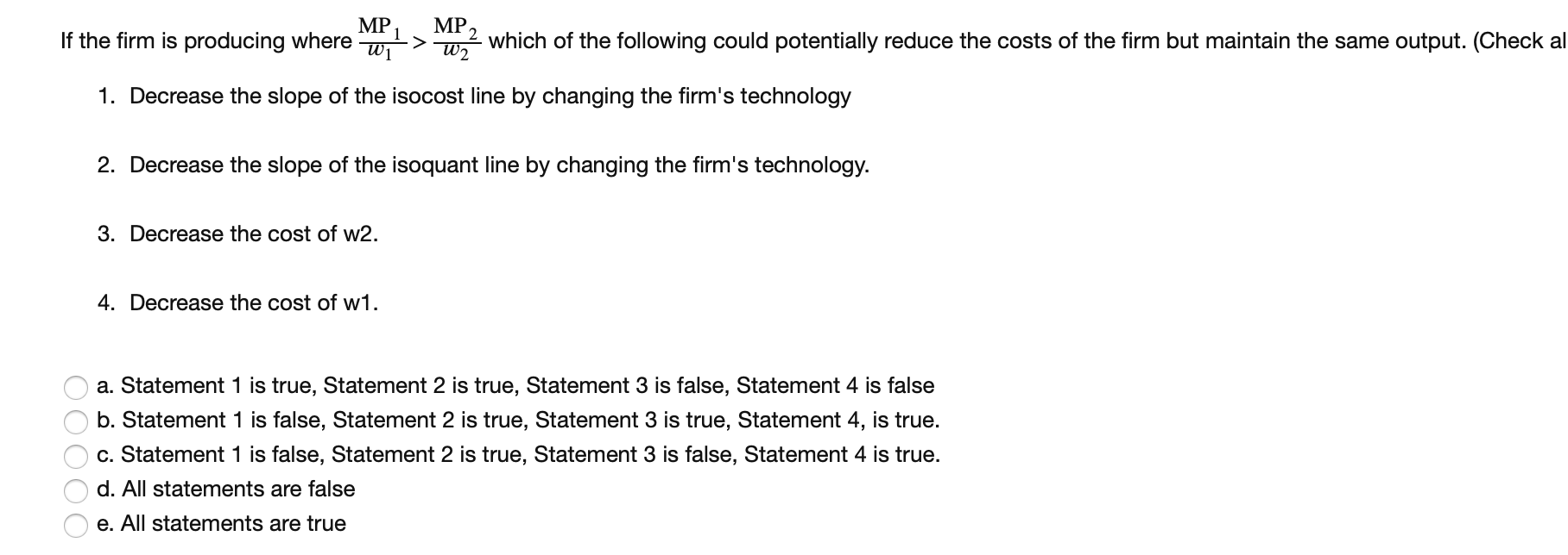 Solved MP If the firm is producing where W1 MP W2 2 which of | Chegg.com