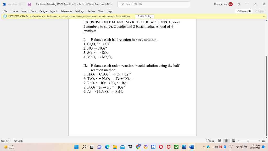 Solved AutoSave Problem on Balancing REDOX Reactions (1) - | Chegg.com