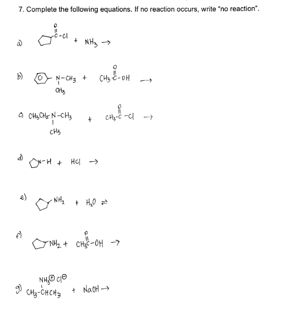 Solved 7. Complete the following equations. If no reaction | Chegg.com