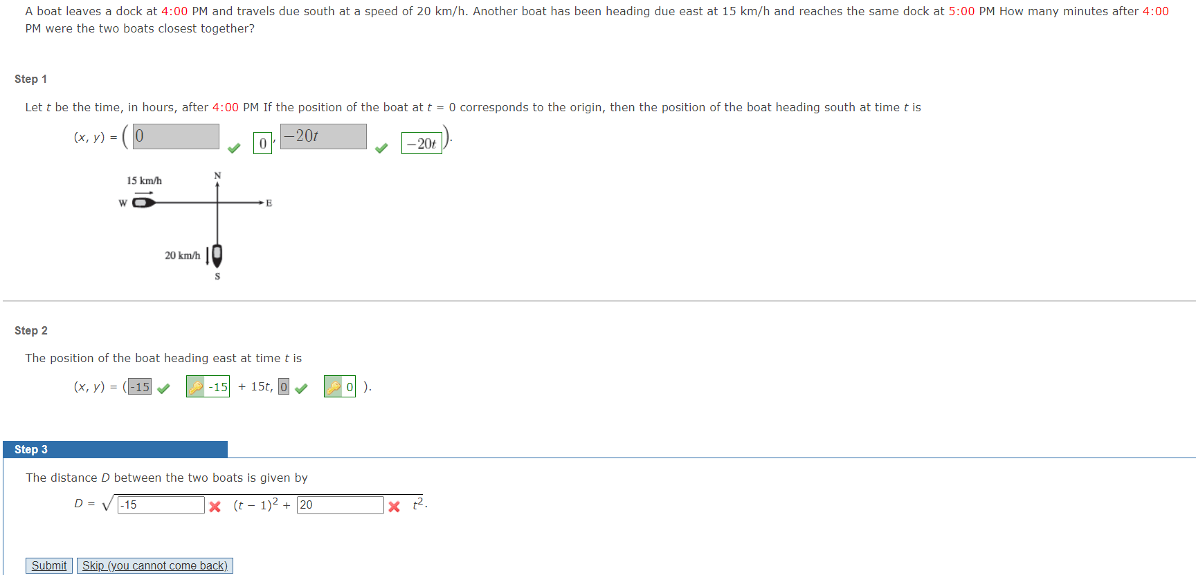 Solved (x,y)=(0,∣−20t) tep 2 The position of the boat | Chegg.com