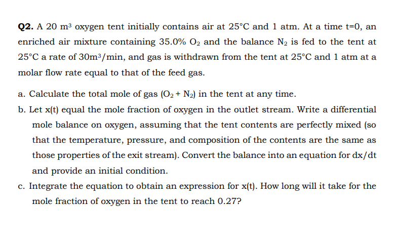 Solved Q2. A 20 m3 oxygen tent initially contains air at | Chegg.com