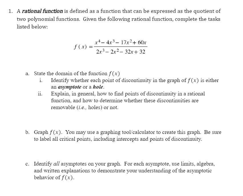Solved 1. A rational function is defined as a function that | Chegg.com