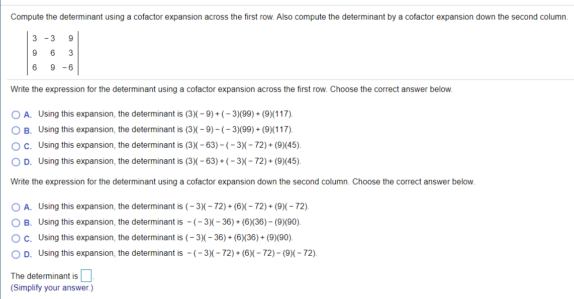 Solved Compute the determinant using a cofactor expansion | Chegg.com