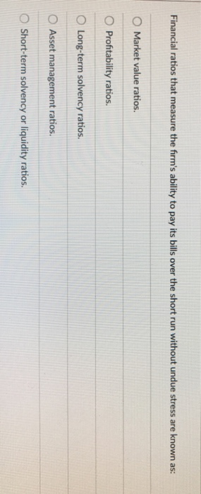 Solved Financial ratios that measure the firm's ability to | Chegg.com