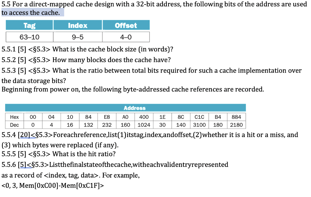 Solved 5.5 For a direct-mapped cache design with a 32-bit | Chegg.com