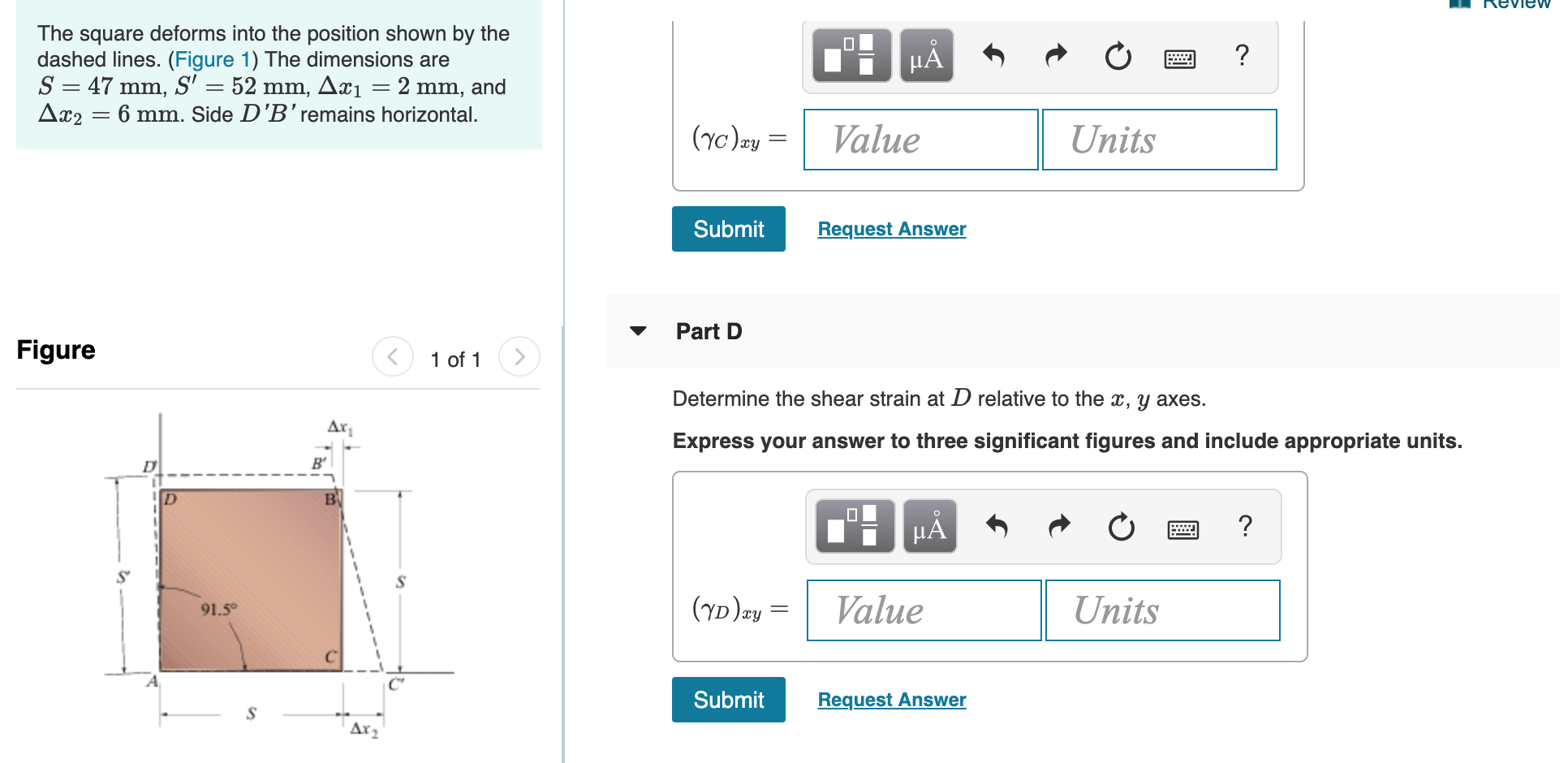 Solved 1 Review The square deforms into the position shown | Chegg.com