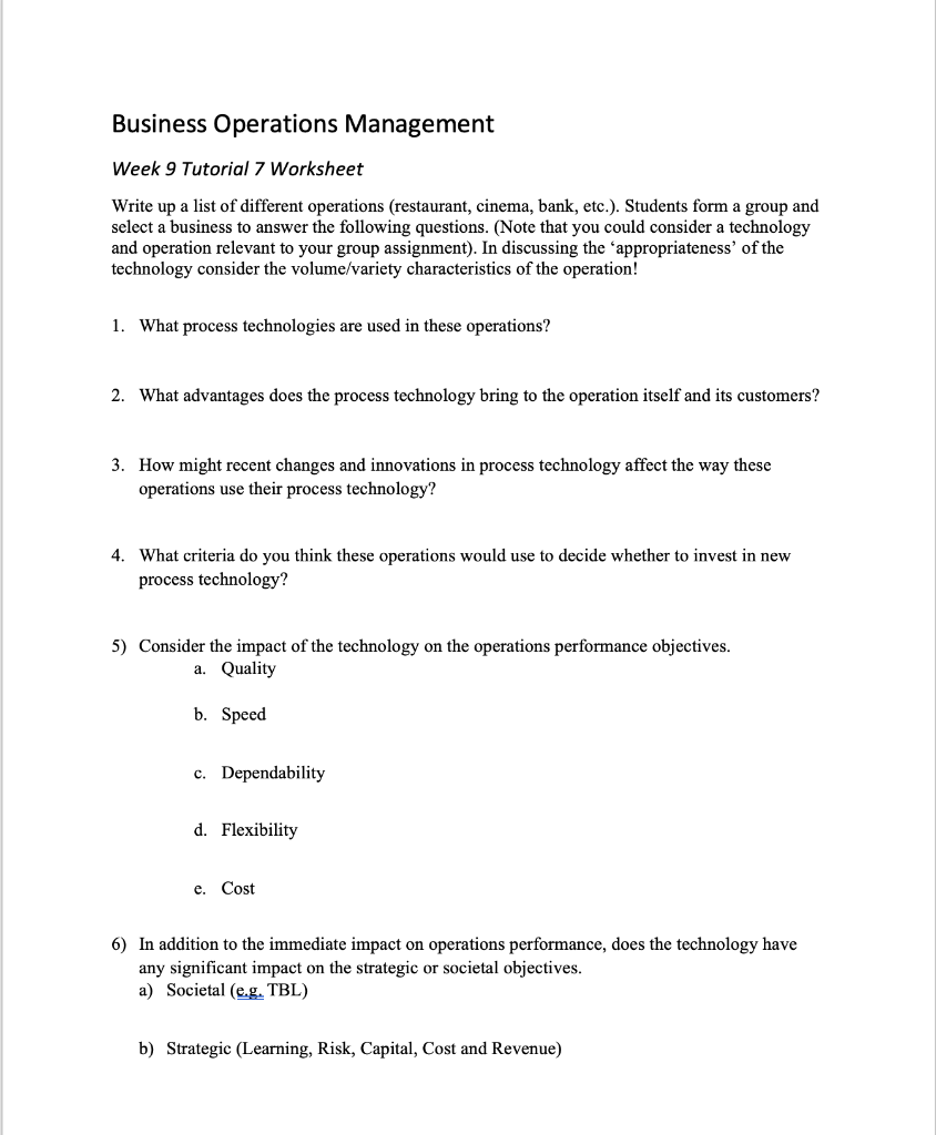 Solved Business Operations Management Week 9 Tutorial 7 | Chegg.com