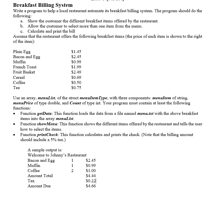 Solved Breakfast Billing System Write a program to help a | Chegg.com