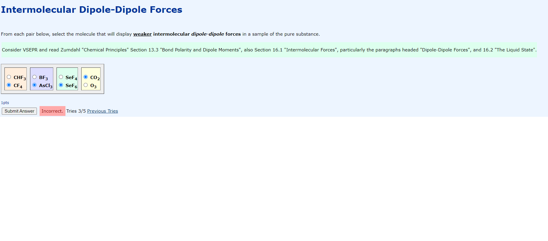 Solved Intermolecular Dipole-Dipole Forces From each pair | Chegg.com