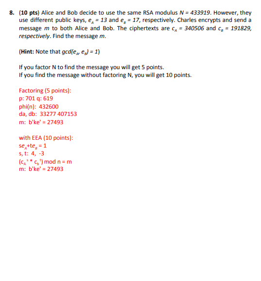 Solved Id Bob decide to use the same RSA modulus N=433919. | Chegg.com