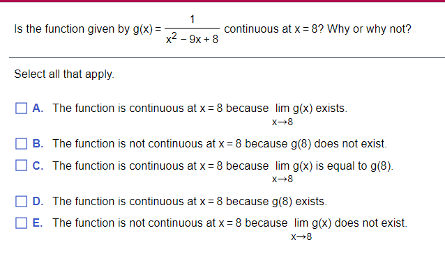 Solved Is the function given by g(x) = 1 continuous at x = | Chegg.com