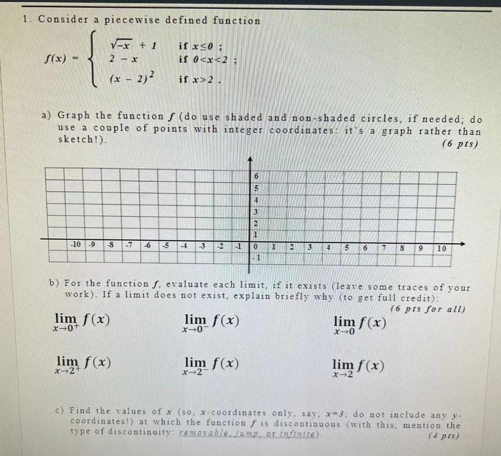 Solved 1. Consider a piecewise defined function √-x + 1 2 - | Chegg.com