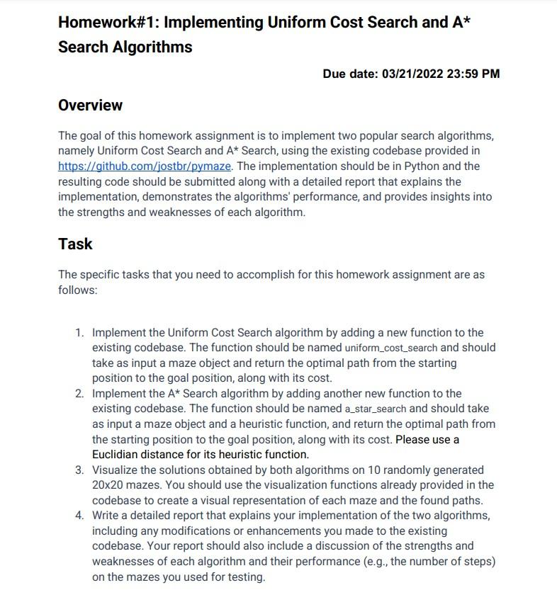 Homework\#1: Implementing Uniform Cost Search and A* | Chegg.com