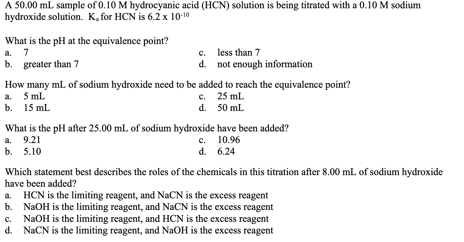 Solved A 50.00 mL sample of 0.10M hydrocyanic acid (HCN) | Chegg.com