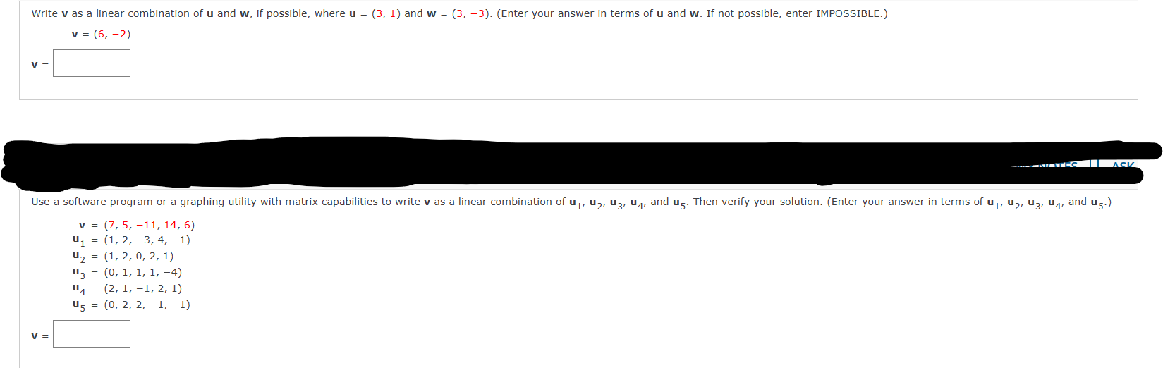 Solved Write v as a linear combination of u and w, if | Chegg.com
