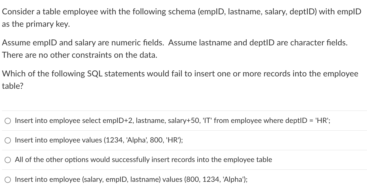 Solved Consider a table employee with the following schema | Chegg.com