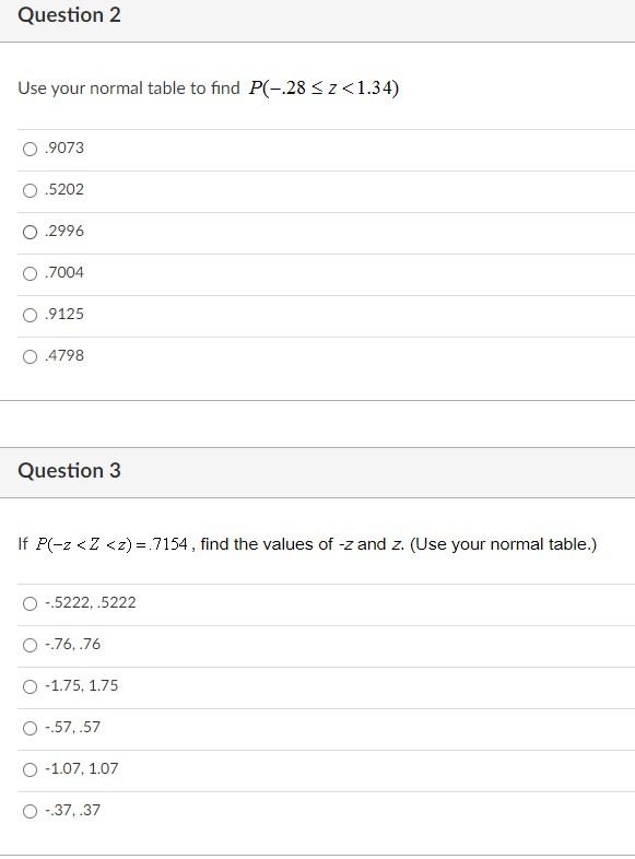 Solved Use your normal table to find P(−.28≤z