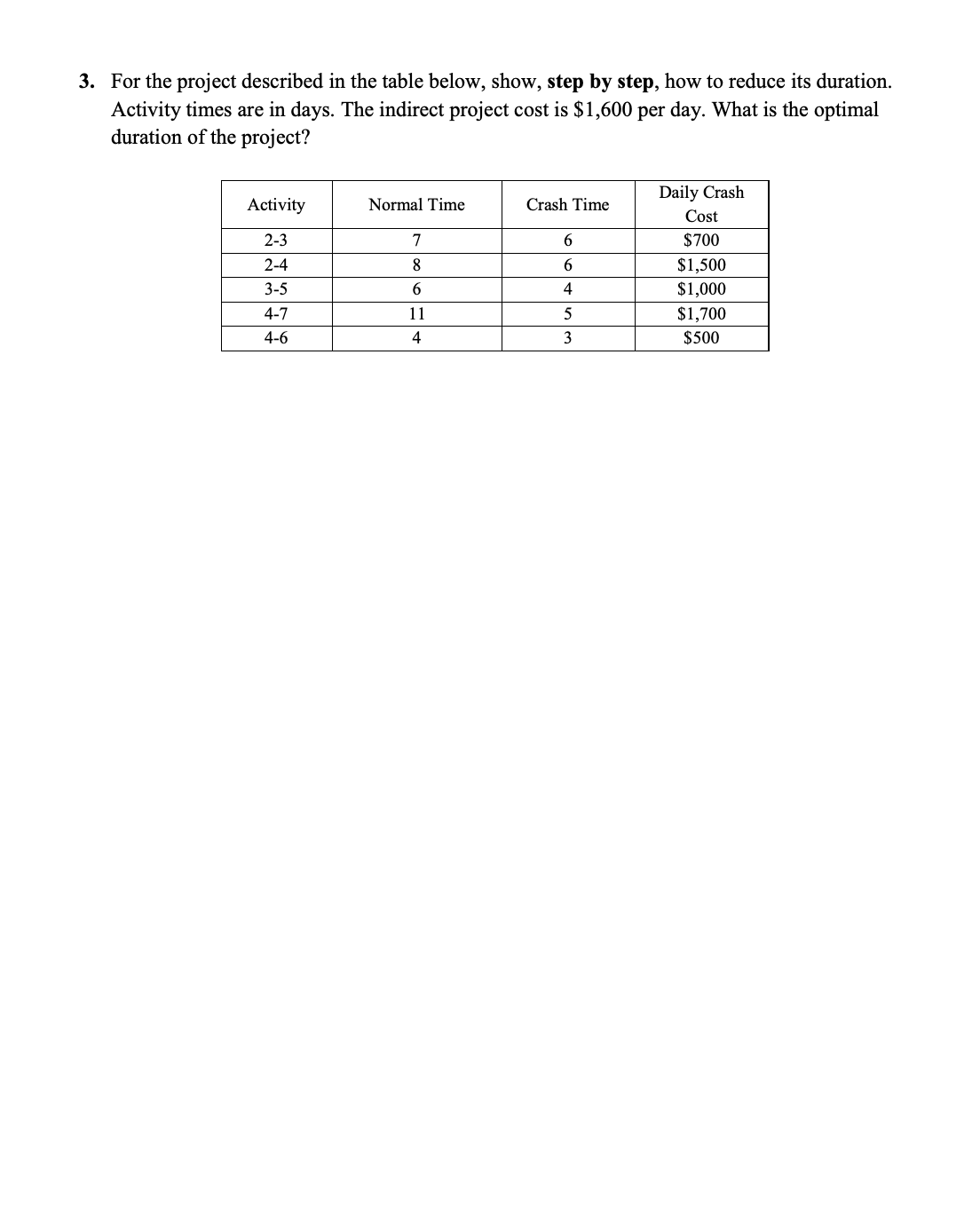 Solved 3. For the project described in the table below, | Chegg.com