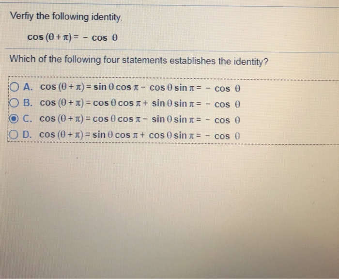 Solved Verfiy the following identity cos (0 + π)--cos θ | Chegg.com