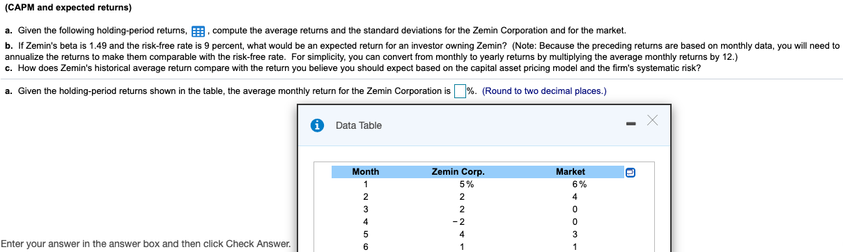 Solved (CAPM and expected returns) a. Given the following | Chegg.com