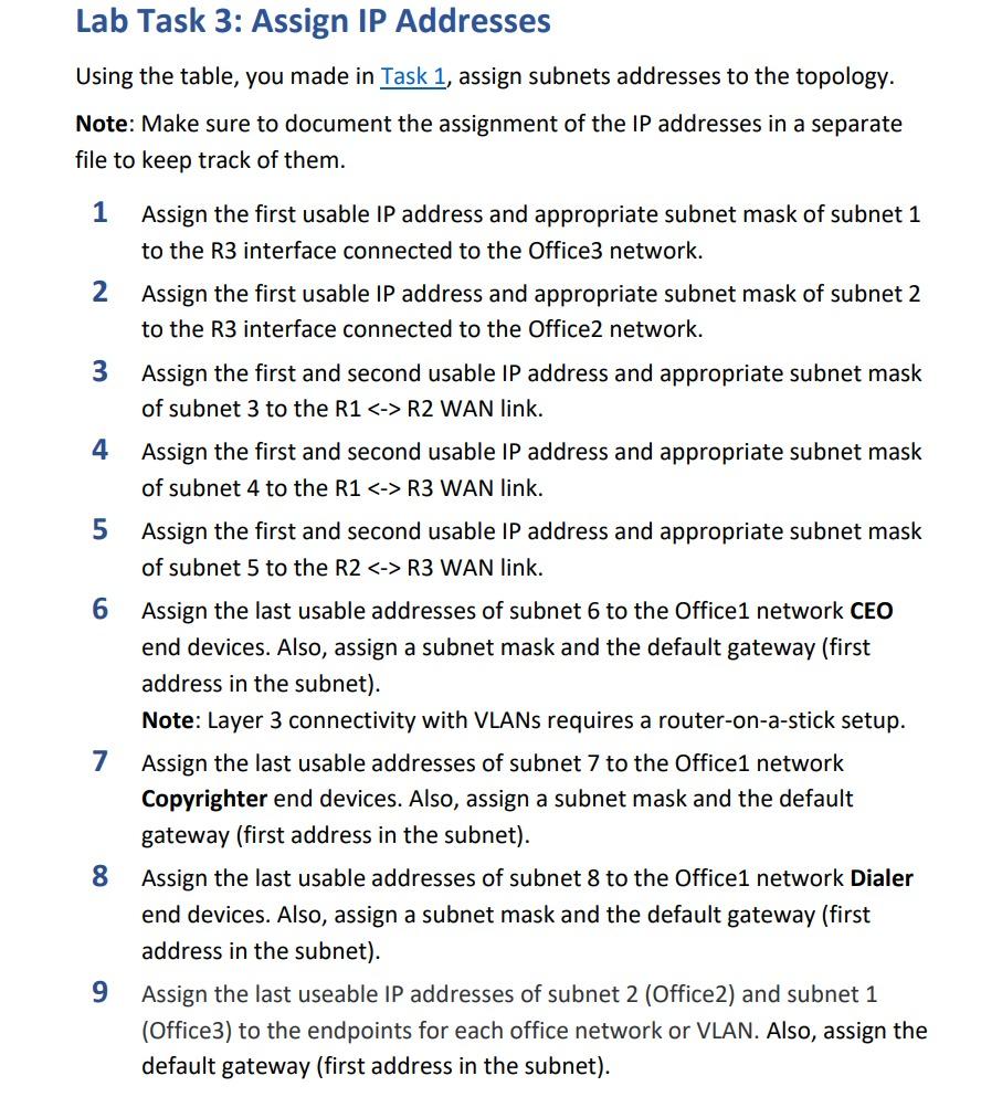 Solved Lab Task 3: Assign IP Addresses Using the table, you | Chegg.com