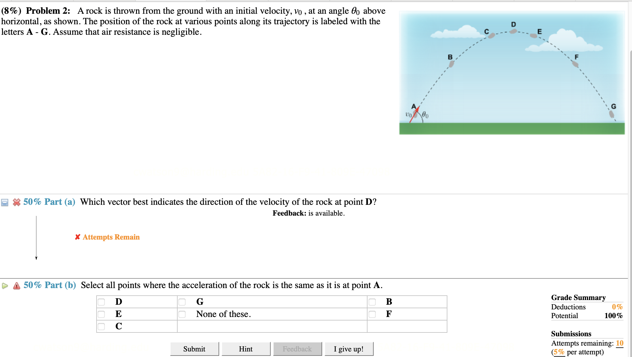Solved (8\%) Problem 2: A rock is thrown from the ground | Chegg.com