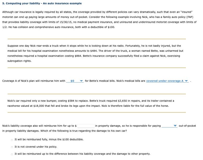 Solved 5. Computing your liability - An auto insurance | Chegg.com
