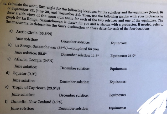 Solved 10. Calculate the noon Sun angle for the following | Chegg.com