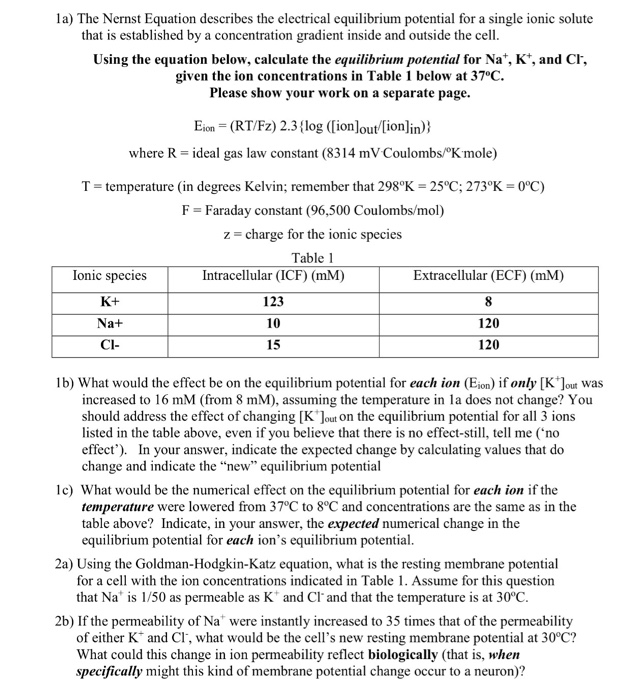 Solved a) The Nernst Equation describes the electrical | Chegg.com